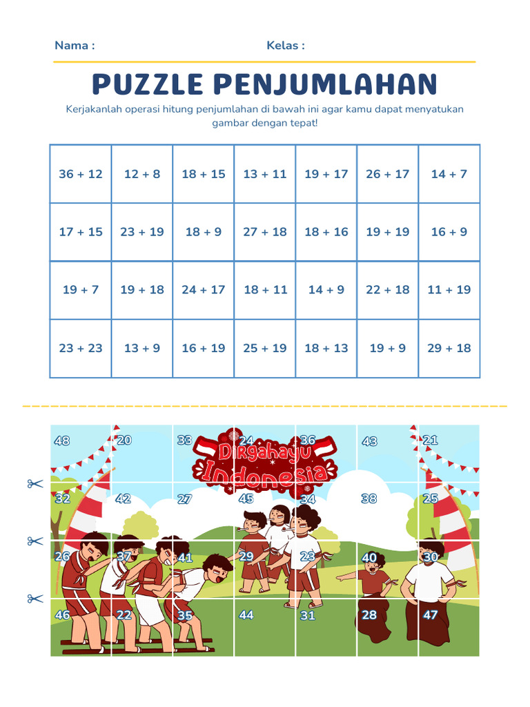 Puzzle Penjumlahan Hari Kemerdekaan Lembar Kerja Biru Ilustratif | PDF