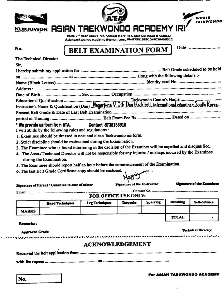 ATA Belt Exam Form | PDF
