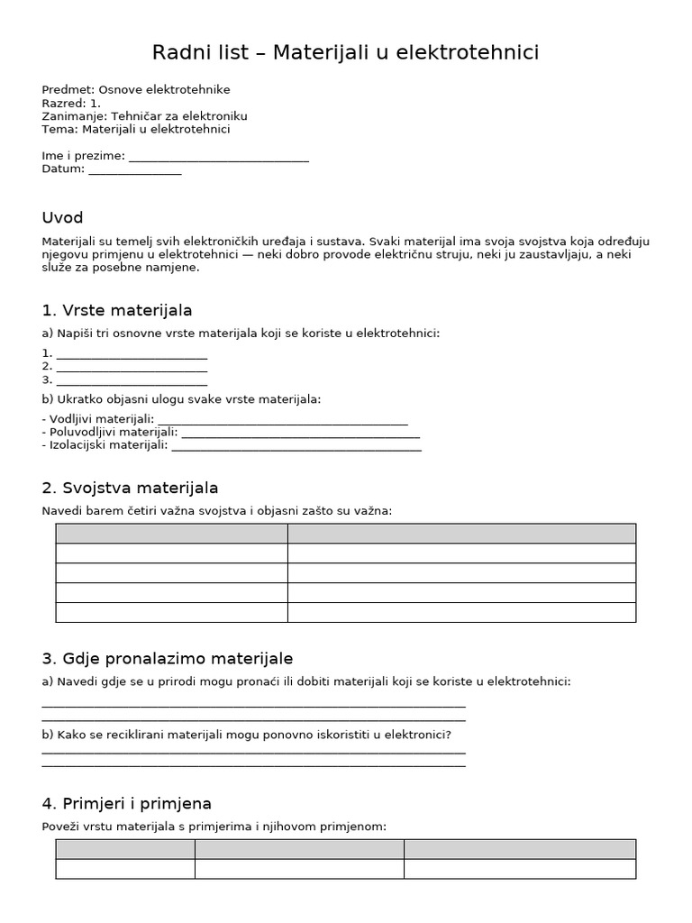 Radni List Materijali U Elektrotehnici HR | PDF