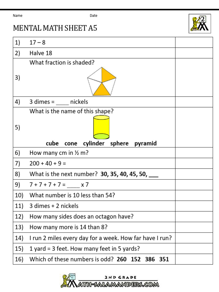 Mental Math Quiz A5 | PDF