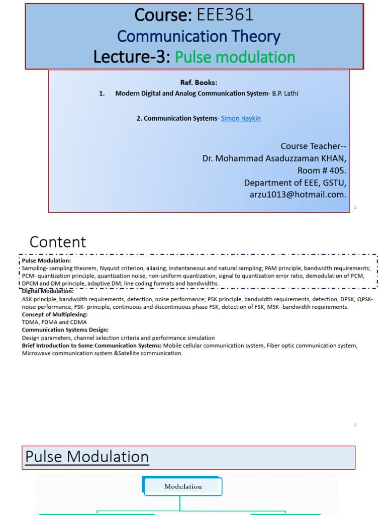 L 3 EEE361 CommunicationTheory PulseMod MAK | PDF | Sampling (Signal Processing) | Bandwidth ...