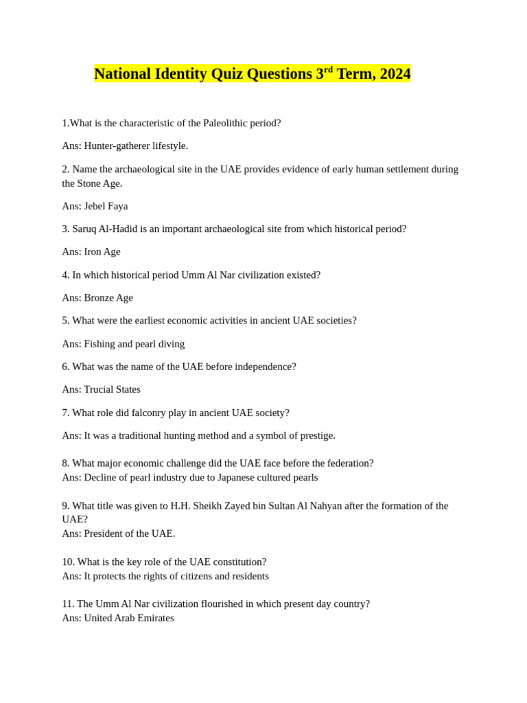 National Identity Quiz Questions Gr. 7. 3rd Term | PDF