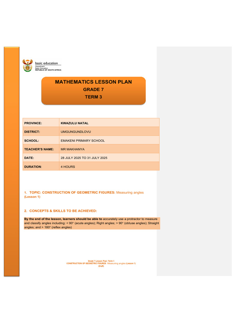 Grade 7 Term 1 Construction of Geometric Figures Lesson 1 | PDF | Angle ...