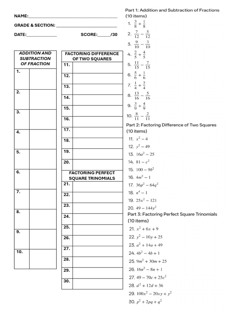 Math Worksheet: Fractions & Factoring | PDF