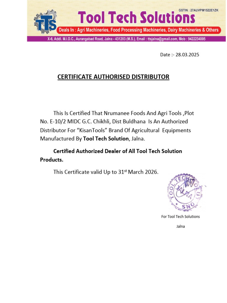 Authorized Distributor Certificate for KisanTools | PDF
