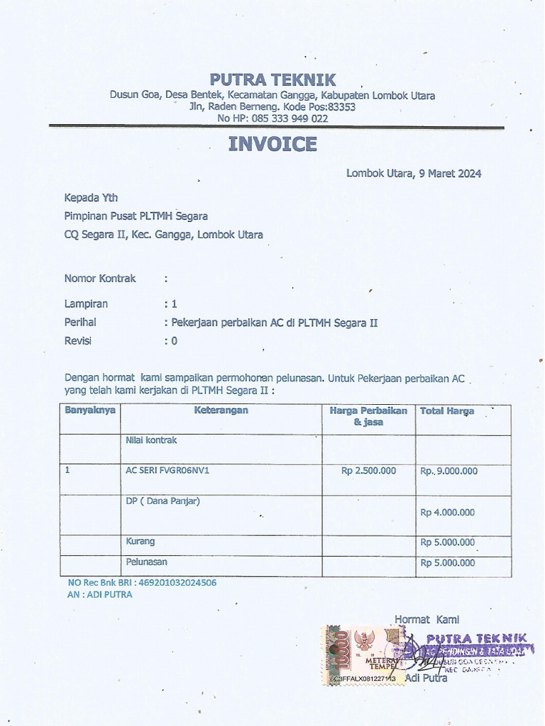 Invoice Perbaikan AC | PDF