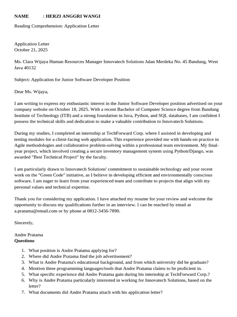 Application for Junior Software Developer | PDF | Software Development ...