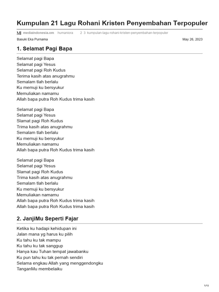 Kumpulan 21 Lagu Rohani Terpopuler | PDF
