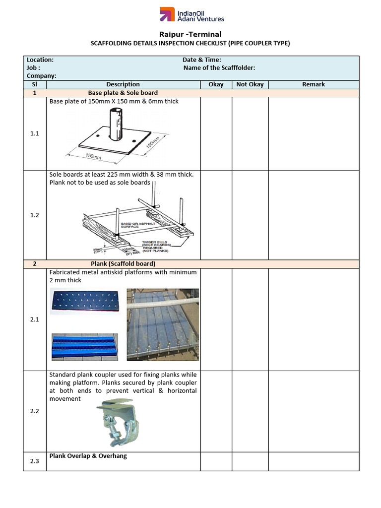 Scaffolding Inspection Checklist: Pipe Coupler | PDF | Scaffolding ...