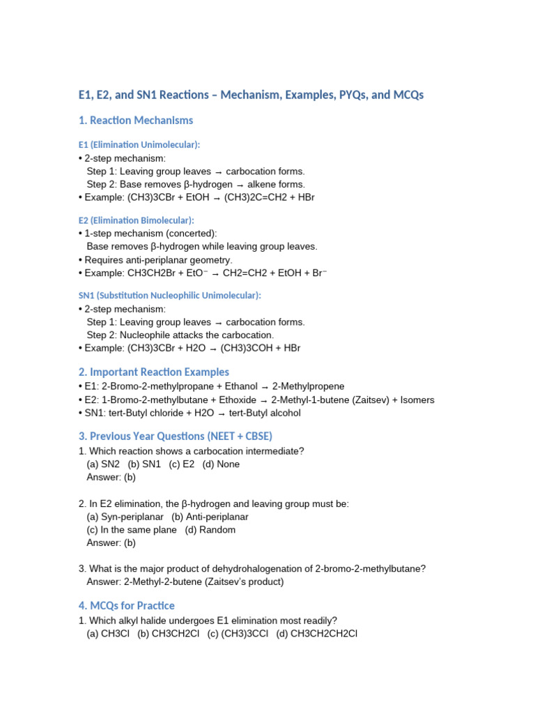 E1 E2 SN1 Reactions Chemistry | PDF