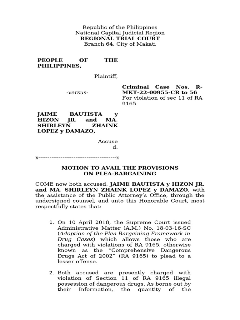 Plea Bargaining Motion in Drug Case | PDF | Plea Bargain | Criminal Justice