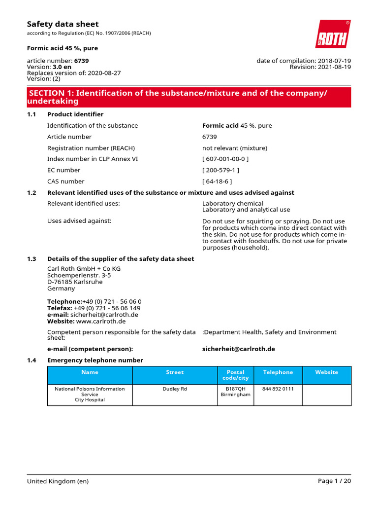 Formic acid MSDS | PDF | Toxicity | Chemistry