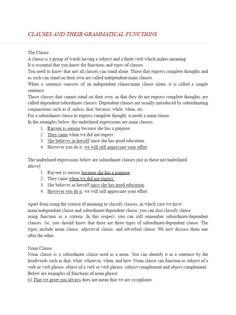 Clauses and Their Grammatical Functions | PDF | Clause | Adjective