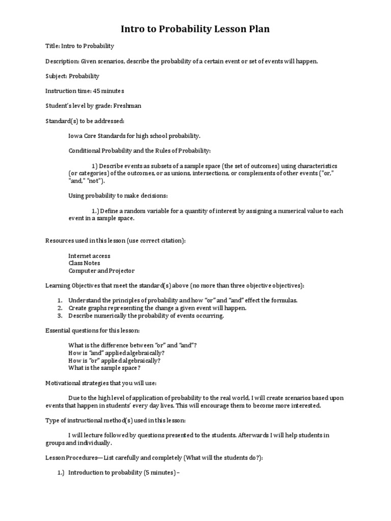 Probability Lesson Plan | PDF | Probability | Mean