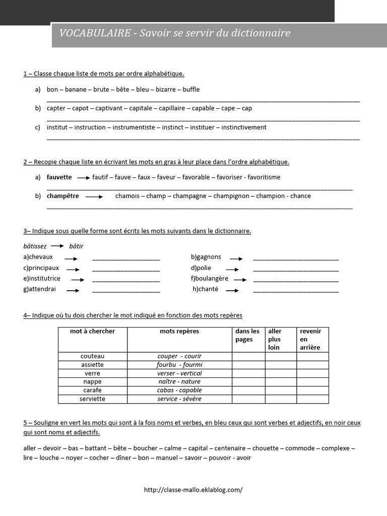 Exercices de vocabulaire et dictionnaire | PDF