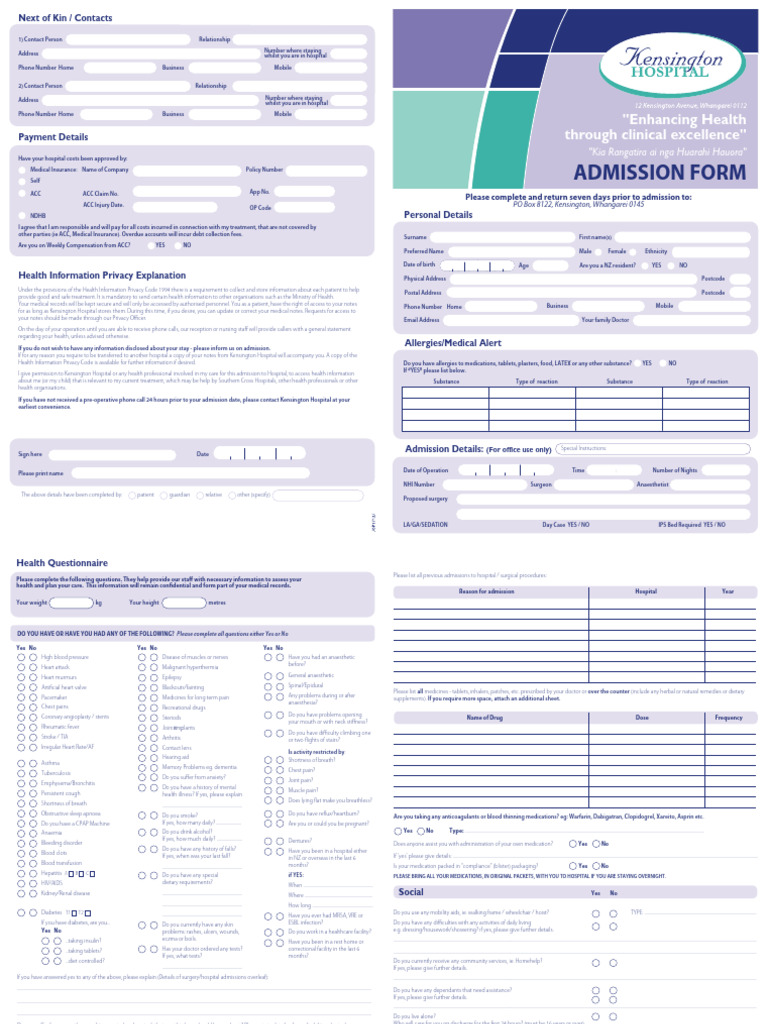 Hospital Admission Form Template | PDF | Anesthesia | Hospital