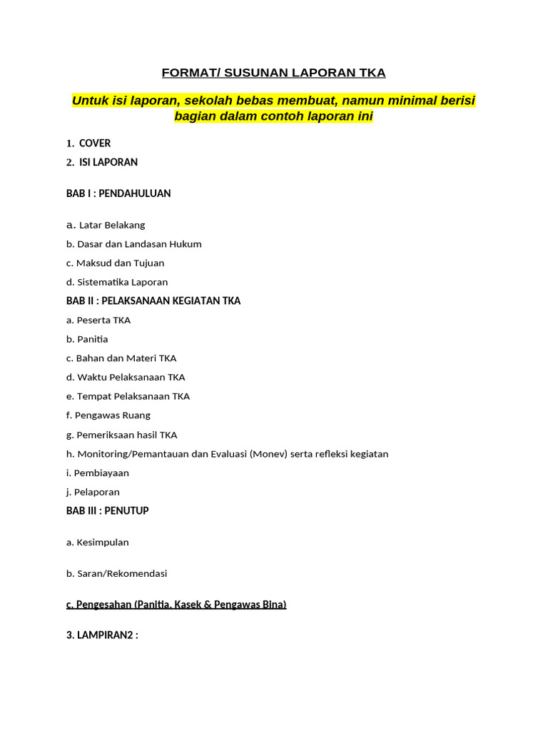 Contoh Susunan Laporan Pelaksanaan Tka | PDF