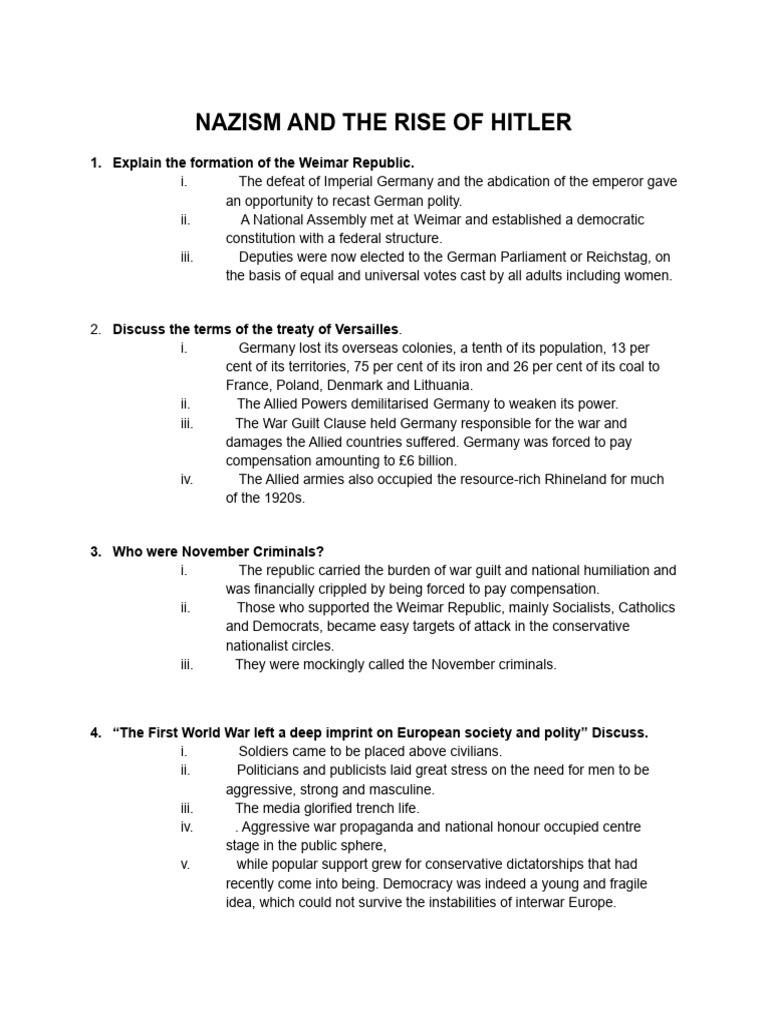 Nazism and The Rise of Hitler-questions-Answers | PDF | Nazi Germany ...