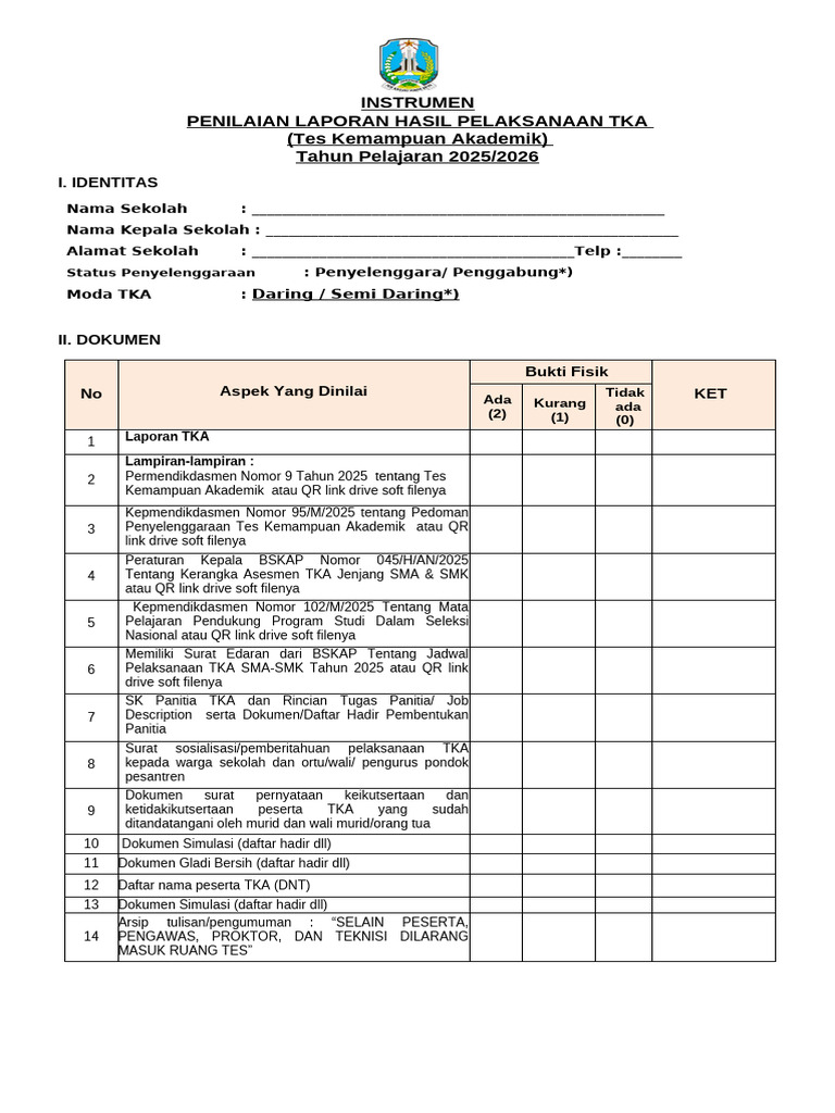 Laporan Penilaian TKA 2025/2026 | PDF