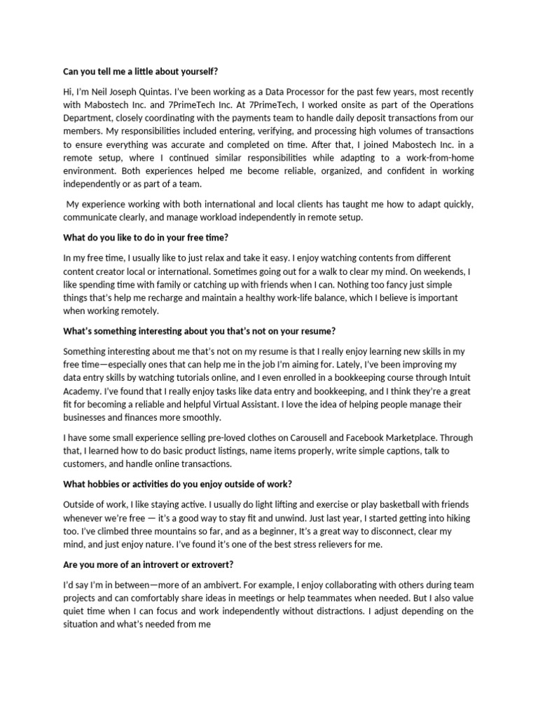 Can You Tell Me A Little About Yourself | PDF