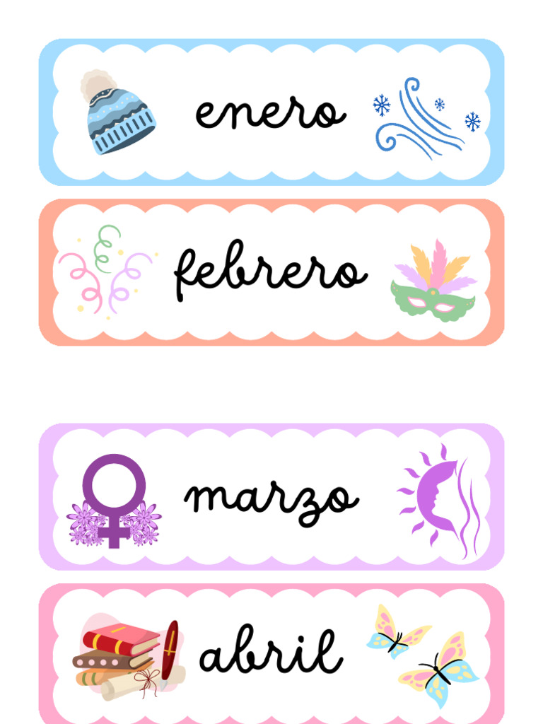Tarjetas de Los Meses Del Año en Español Ilustrativo Colorido | PDF