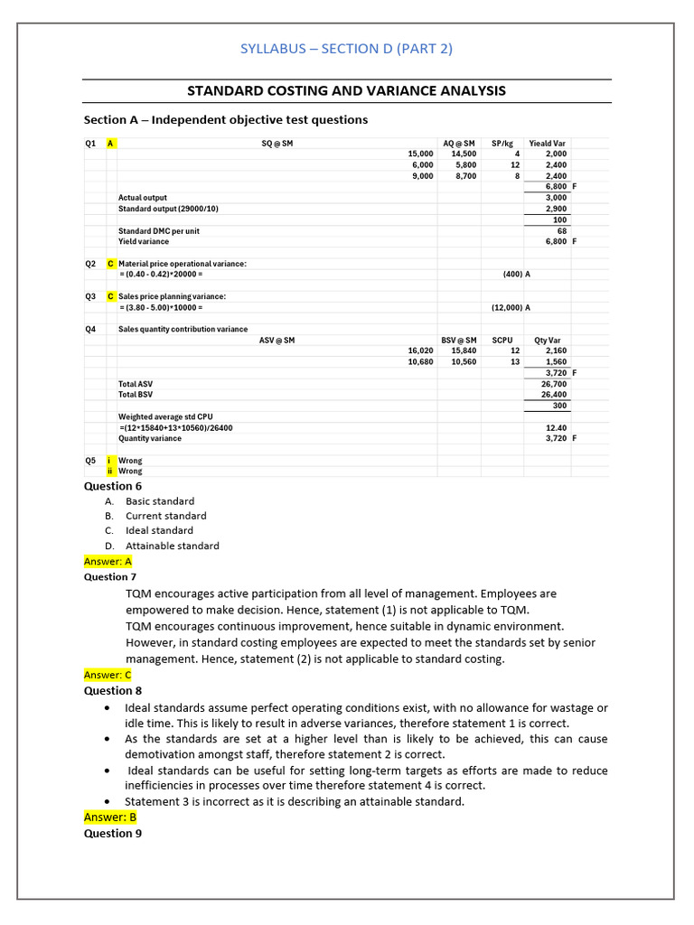Standard Costing and Variance Analysis | PDF | Variance | Prices