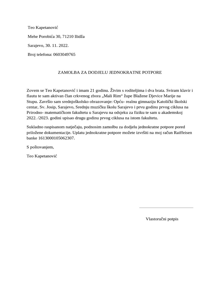 Zamolba Za Dodjelu Jednokratne Potpore | PDF