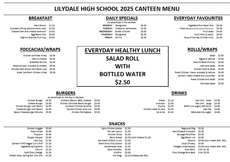 Lilydale High School Canteen Menu 2025 | PDF | Hamburgers | Salad