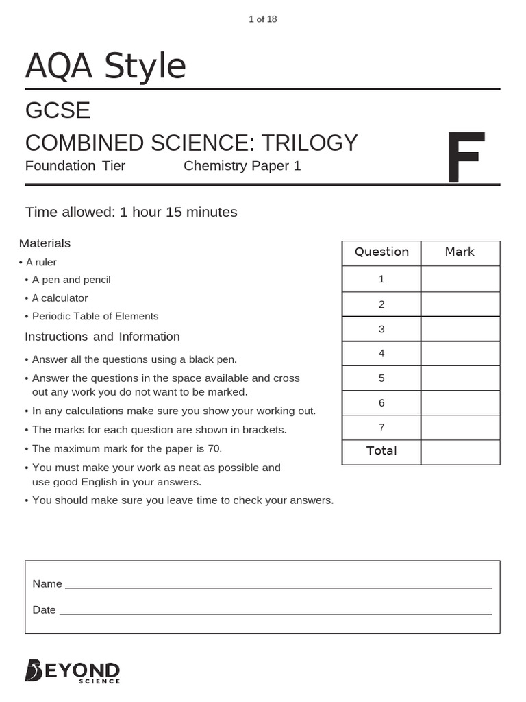 AQA GCSE Combined Science Chemistry Paper 1 Foundation Question Paper ...