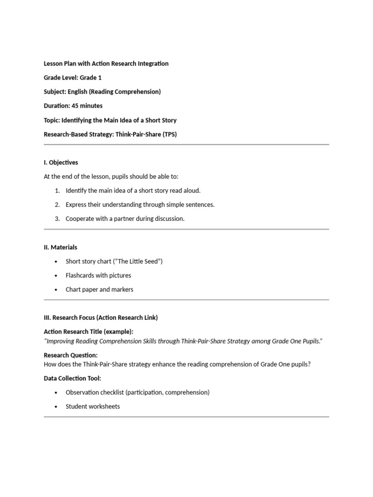 Main Idea Lesson Plan for Grade 1 | PDF | Reading Comprehension ...
