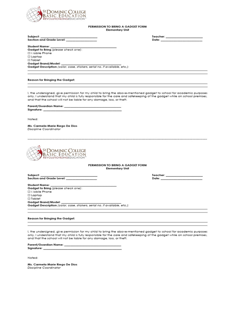 Permission To Bring A Gadget Form | PDF