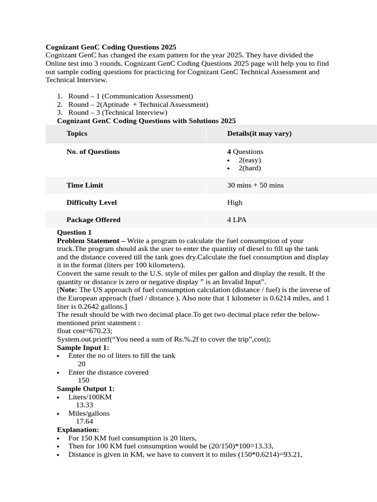 Cognizant GenC Coding Questions | PDF | C++ | Computer Engineering