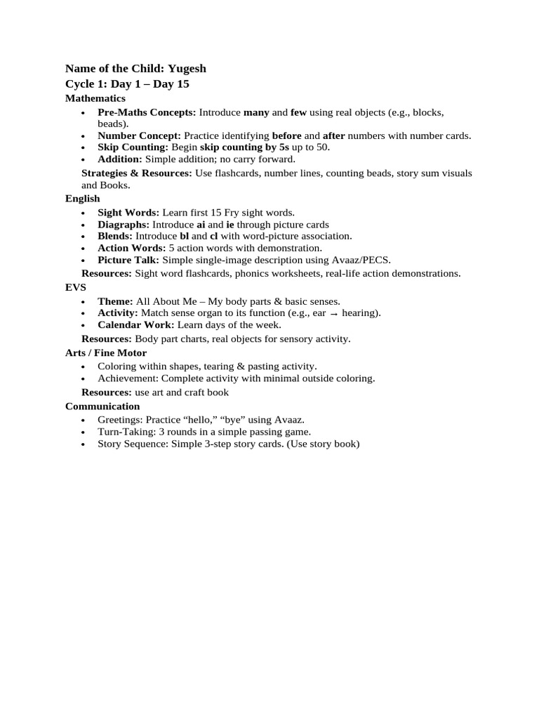 Name of The Child: Yugesh Cycle 1: Day 1 - Day 15 | PDF