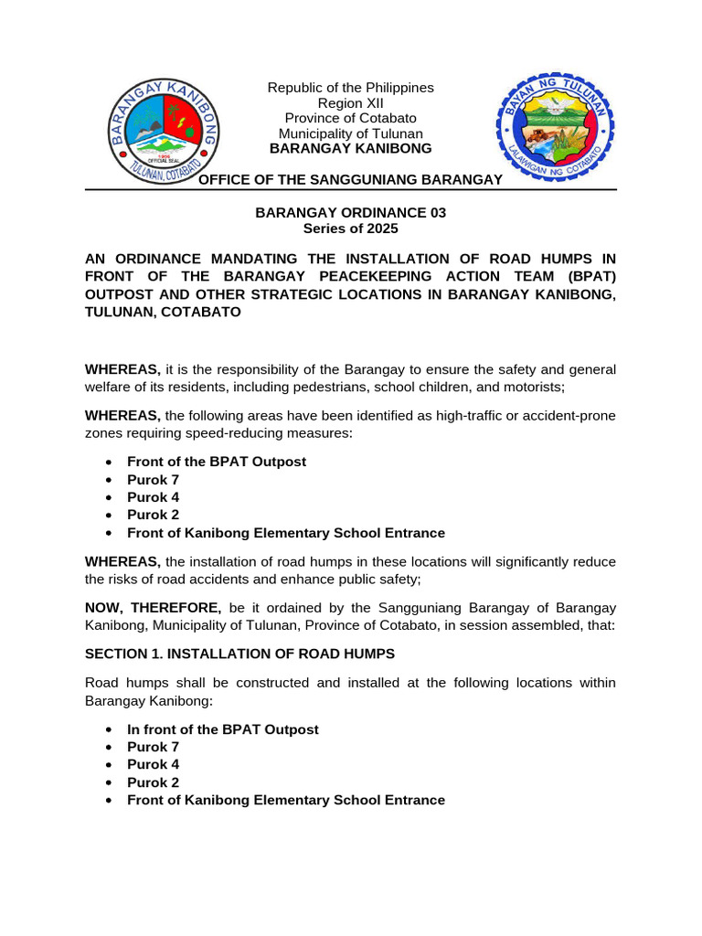 Barangay Ordinance 3 - Roadhumps | PDF
