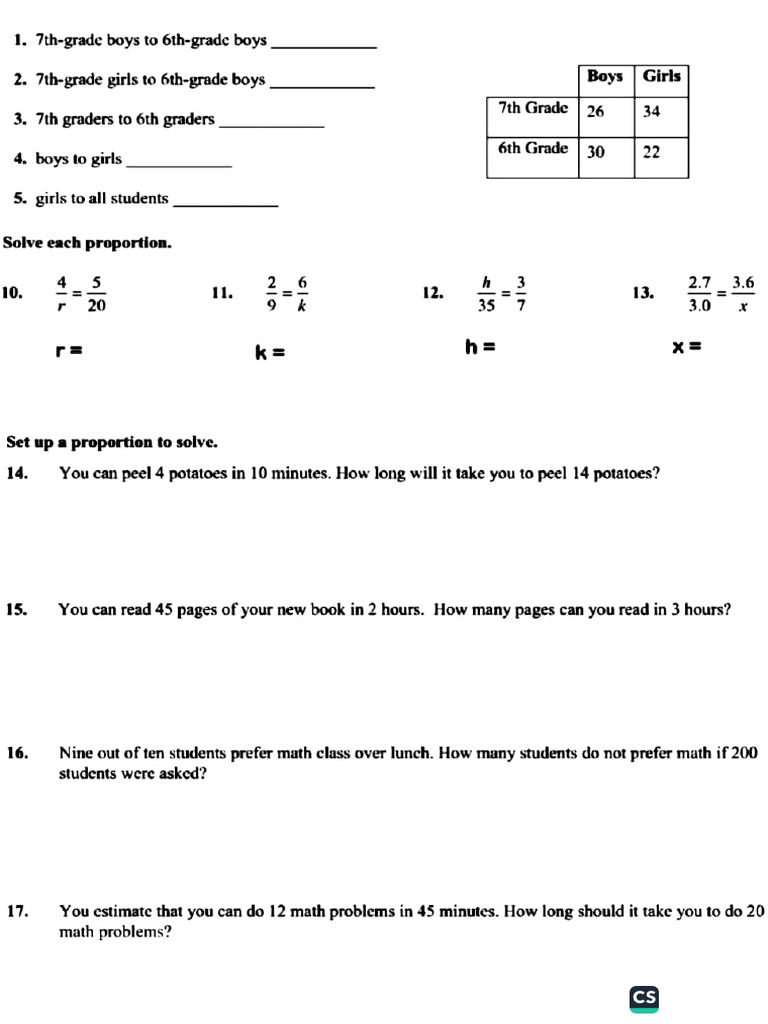 Year 7 and Year 8 Ratio Exercise | PDF