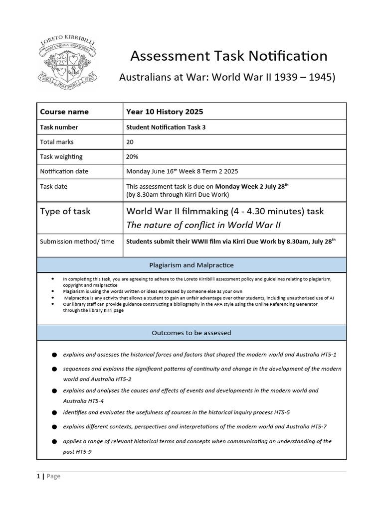 2025 WWII Film Task 3 Assessment Student Notification | PDF ...