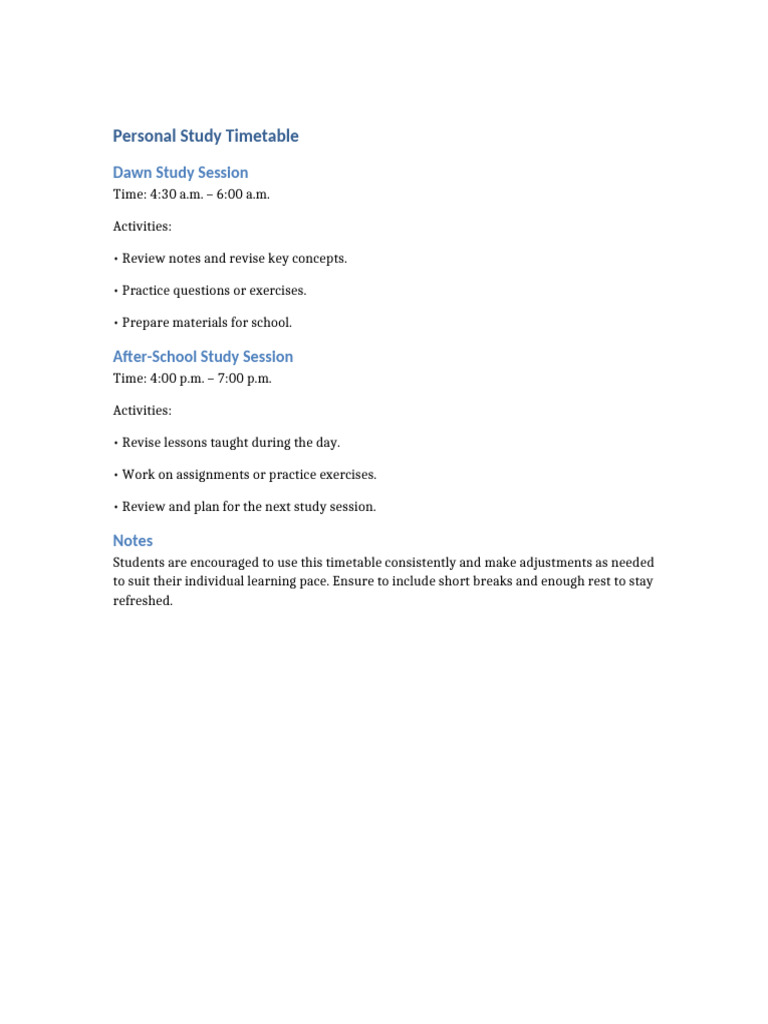 Effective Personal Study Timetable | PDF
