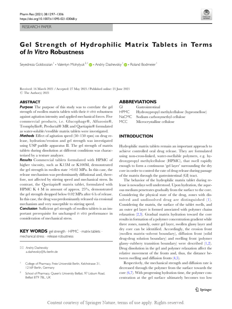 Gel Strength in Hydrophilic Matrix Tablets | PDF | Gel | Tablet (Pharmacy)