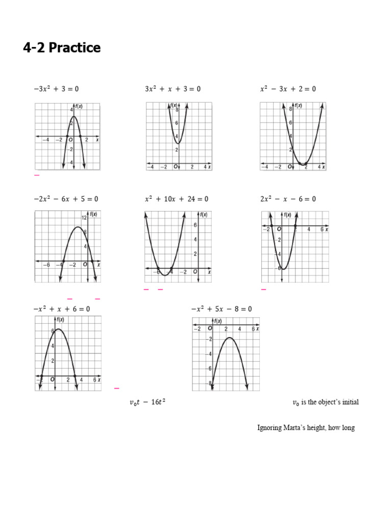 4-2 Practice: Solving Quadratic Equations by Graphing | PDF