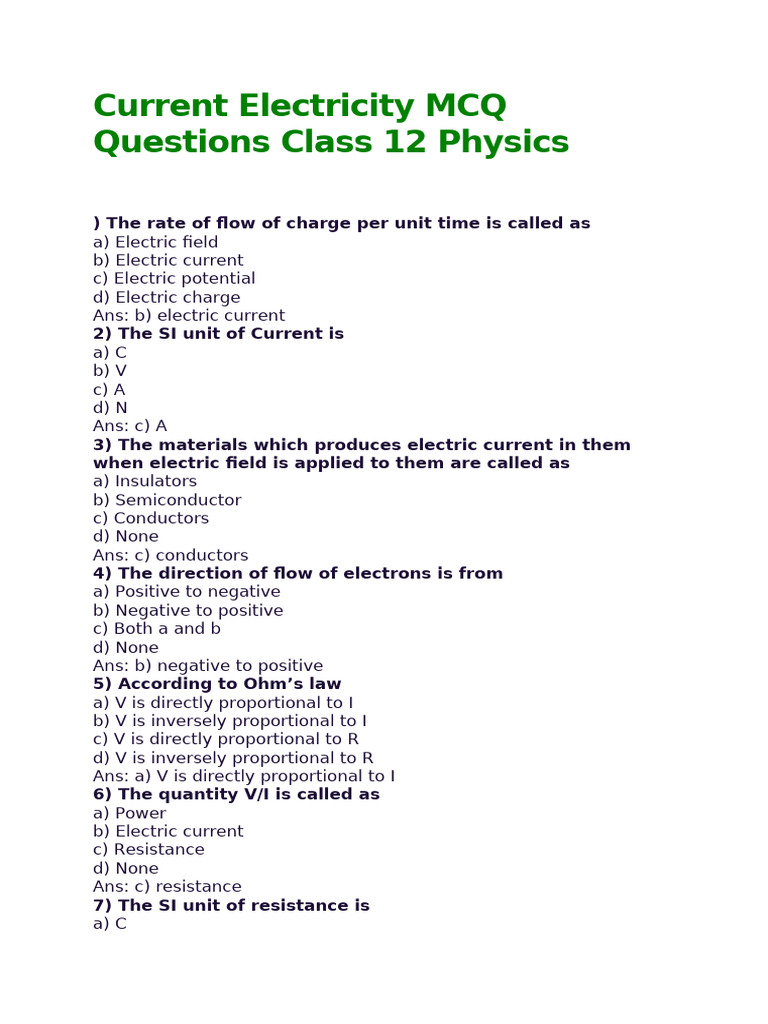 Class 12 Physics Current Electricity MCQs | PDF | Electric Current ...