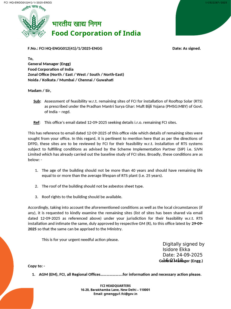 FCI-HQ LTR DTD 24-09-2025 Regd. RTS in Remaining Sites | PDF | Economy ...