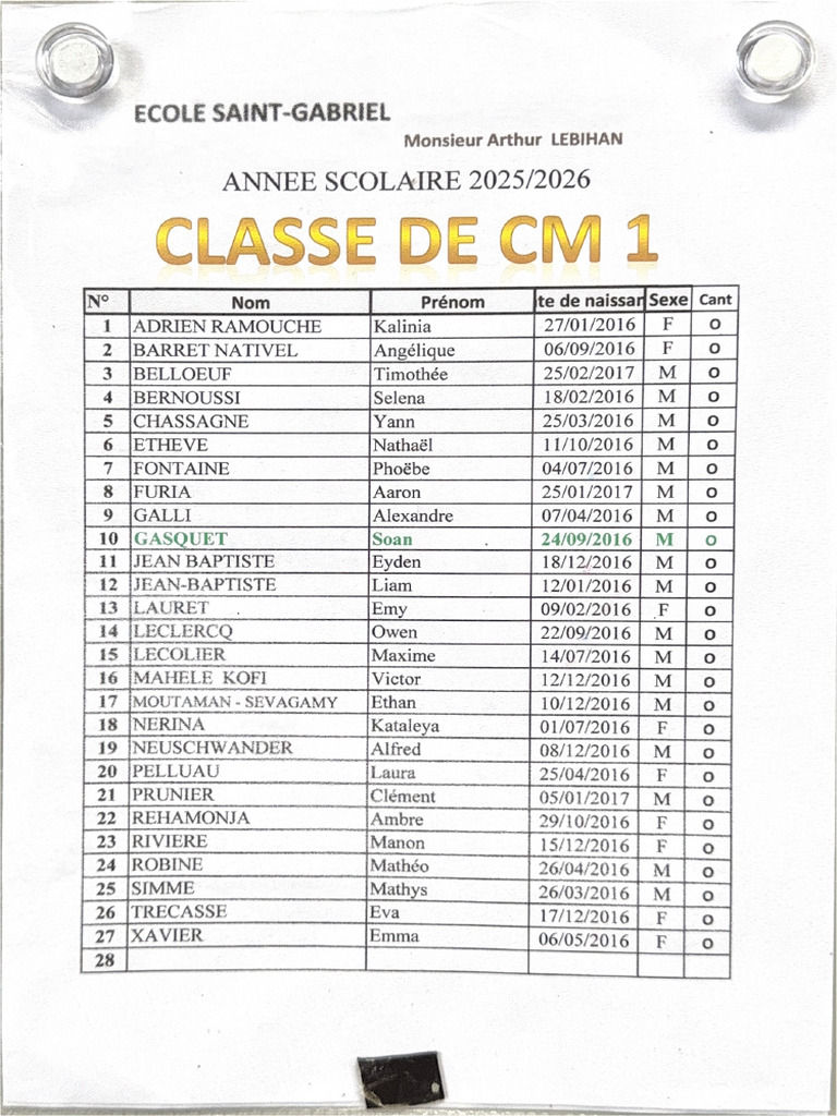 Liste Classe CM1 | PDF