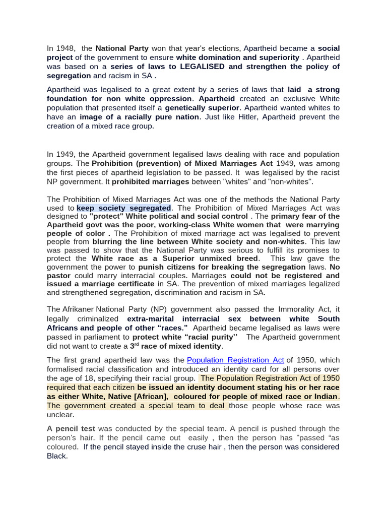 Apartheid Laws Legalised GR 11 Essay | PDF | Apartheid | Racial Segregation