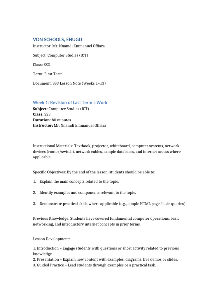 SS3 Computer Studies Lesson Notes | PDF | Educational Technology ...