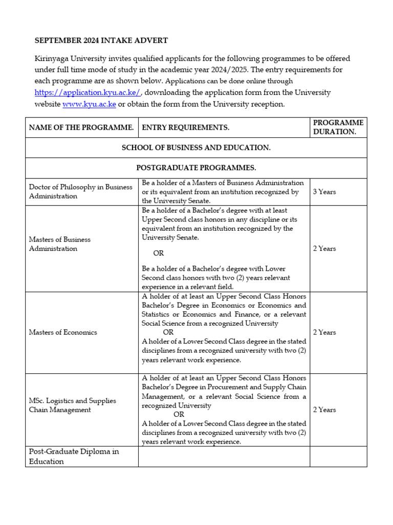 September 2024 Intake Advert | PDF | Academic Degree | Bachelor's Degree