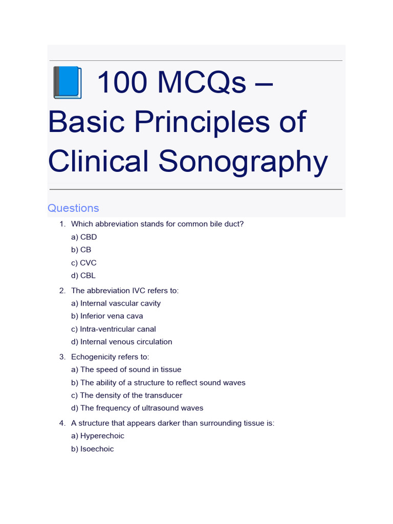 ? 100 MCQs - Basic Principles of Clinical Sonography | PDF | Medical ...