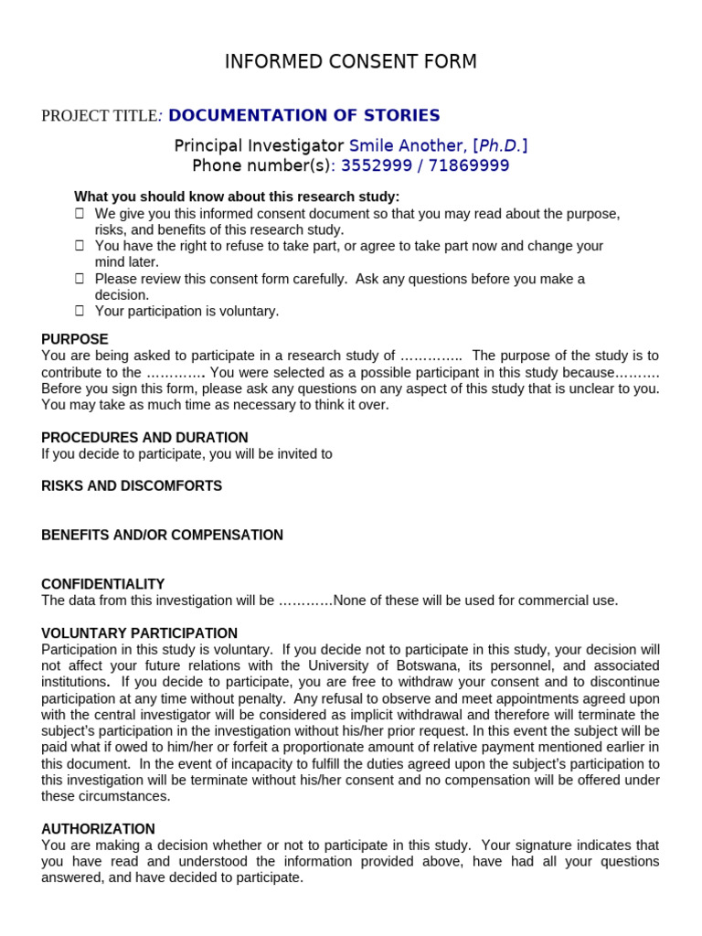Template For Informed Consent Form - English Version | PDF | Consent ...