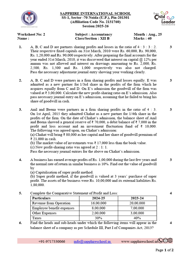 XII Accountancy Worksheet | PDF | Goodwill (Accounting) | Balance Sheet