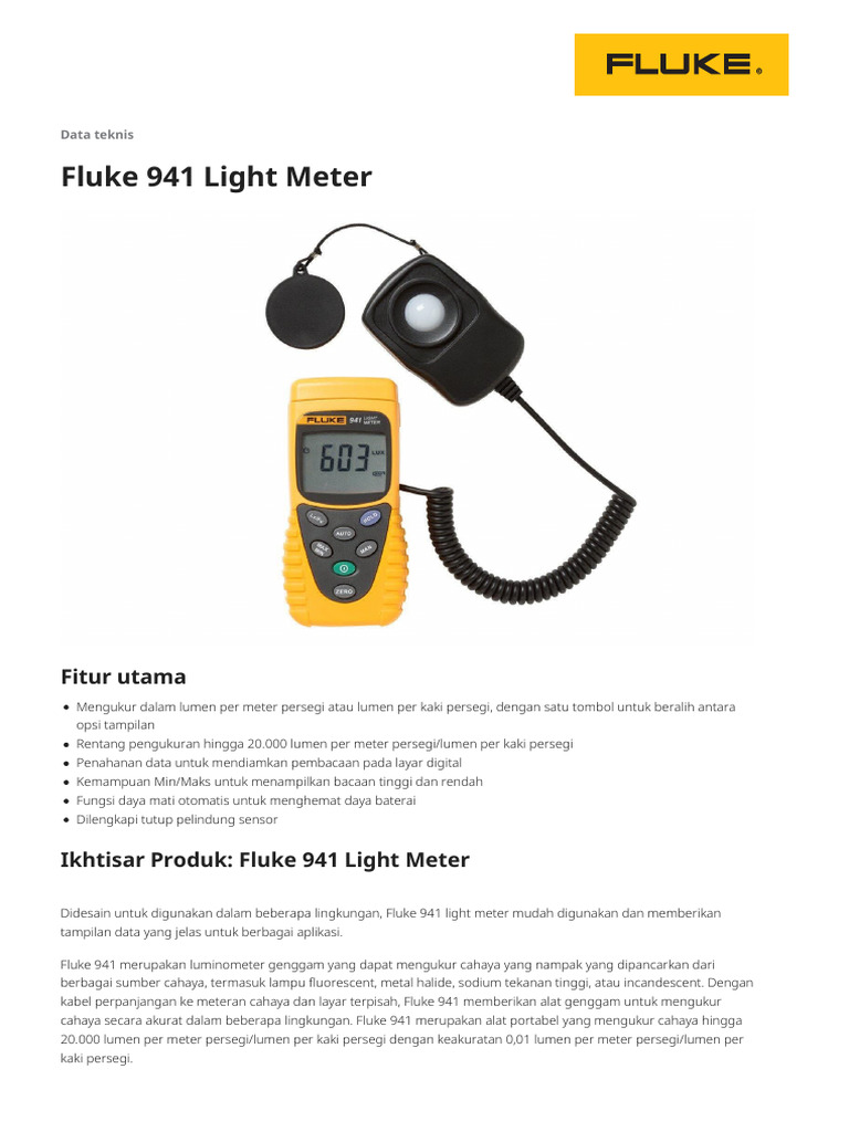 Fluke 941 Light Meter: Spesifikasi & Fitur | PDF