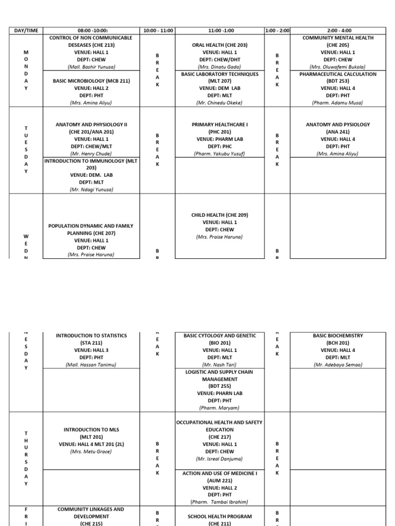 Weekly Class Schedule for Health Courses | PDF | Biology | Health Care